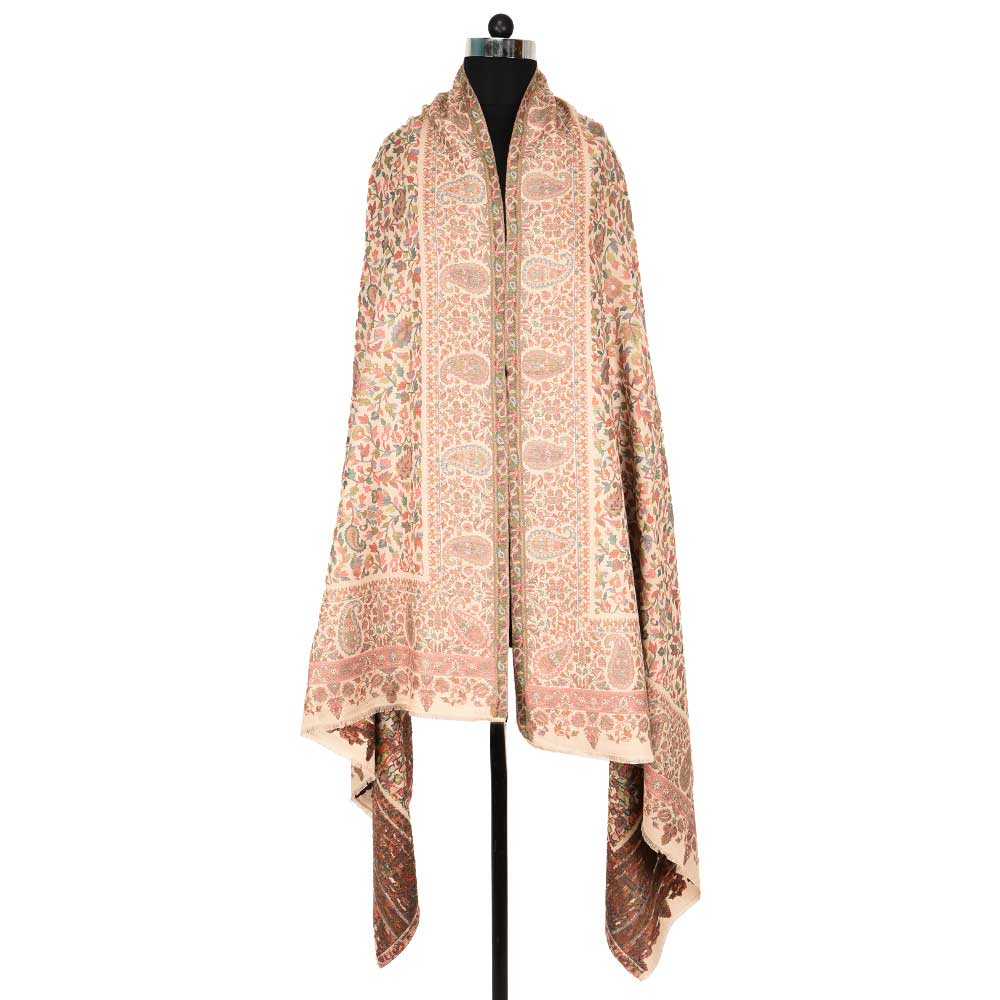 Ivory Kani Shawl With Kalamkari Needle Embroidery By Hand