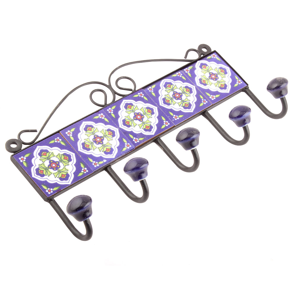 Navy Blue White Floral Tiles Hooks