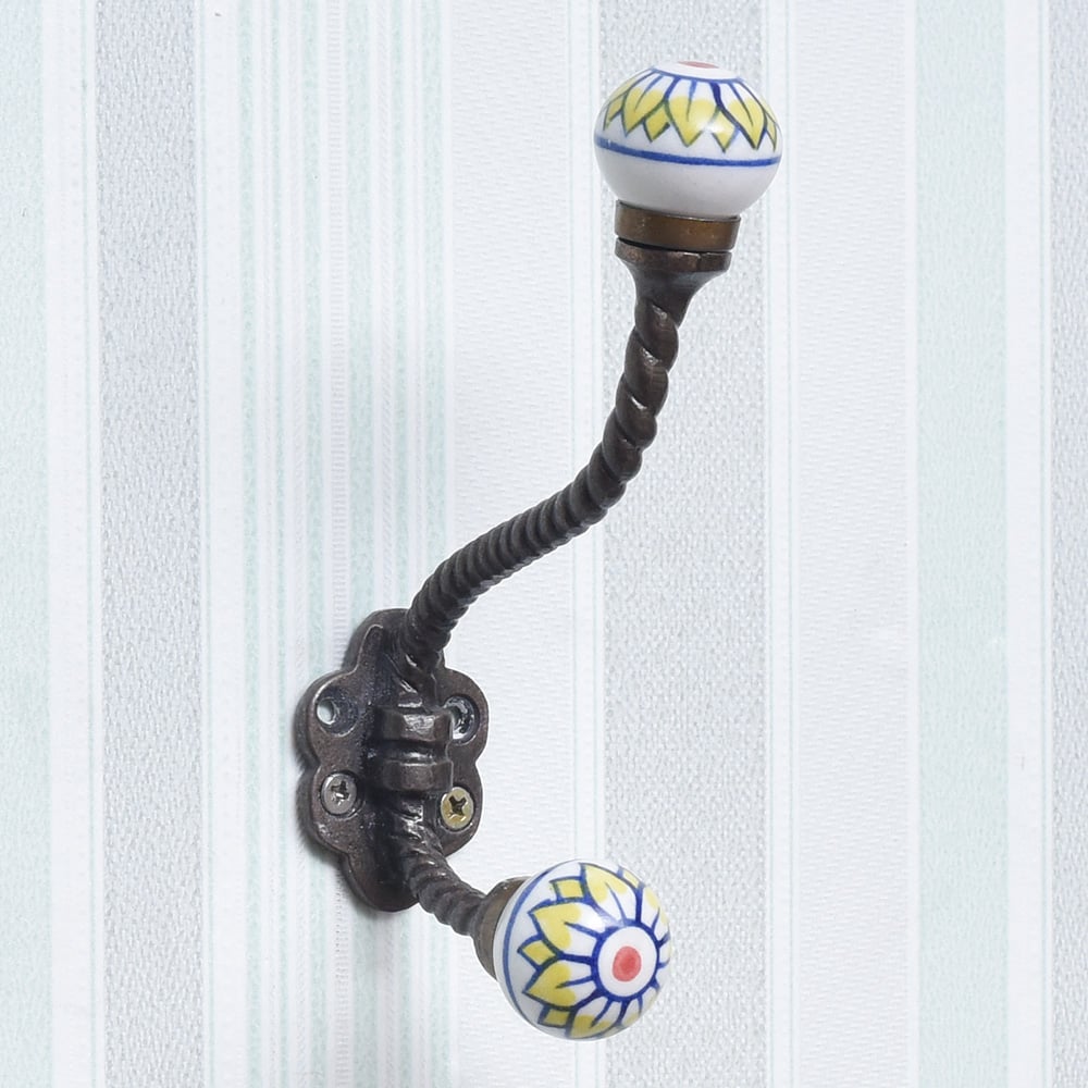Yellow Floral Ceramic Iron Coat Hooks