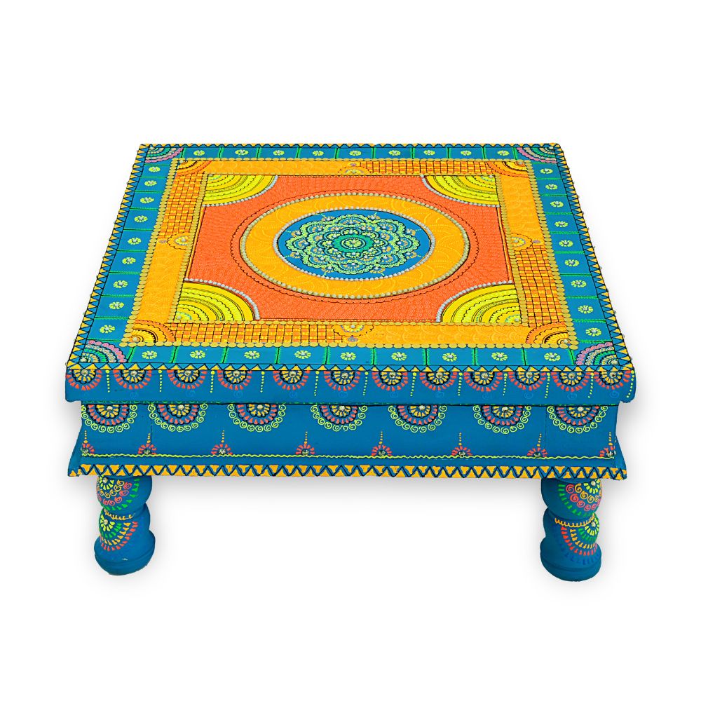 Handicraft Wooden Chourang Pooja Chowki Ferozi and Peach