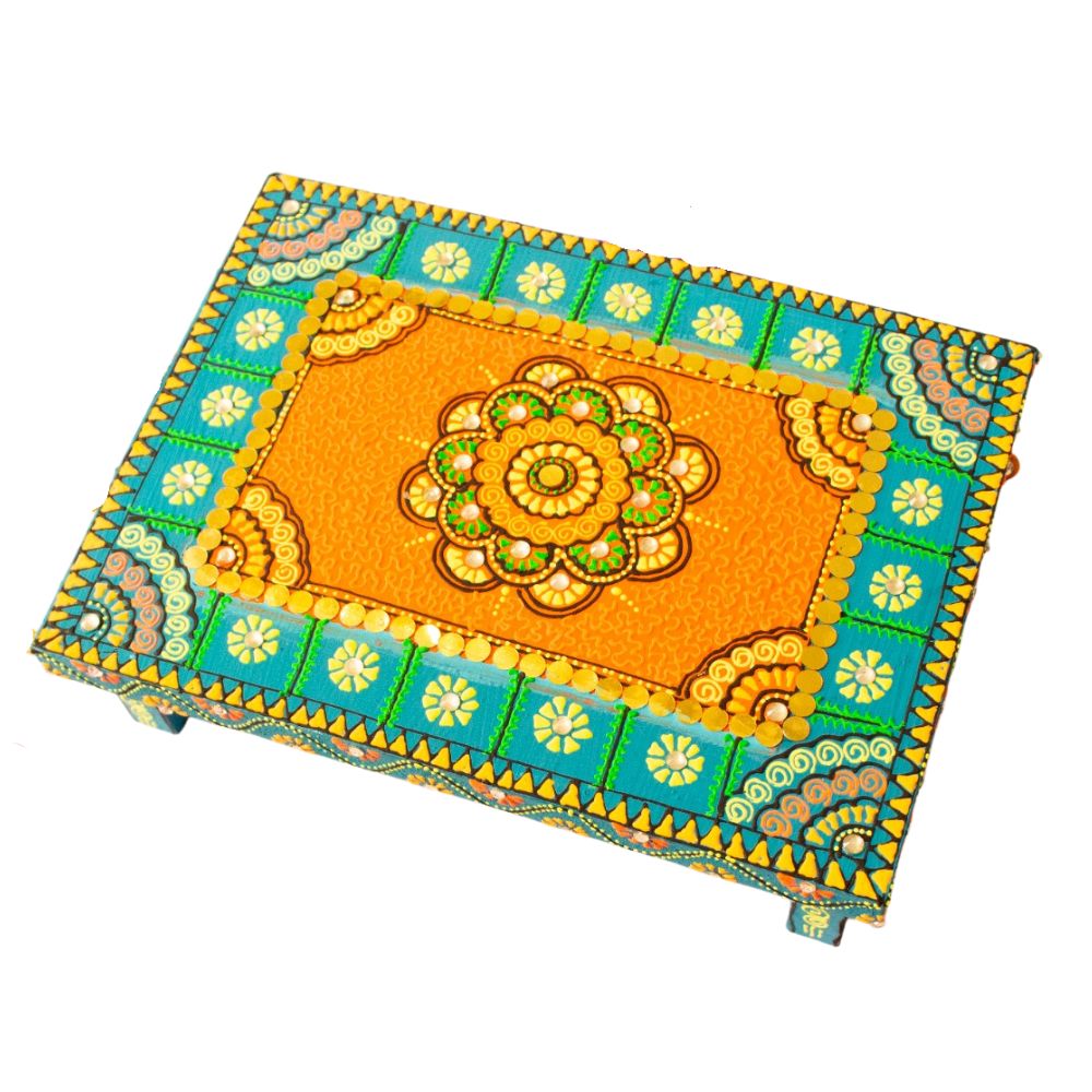 Handicraft Wooden Chourang Pooja Chowki Ferozi and Peach